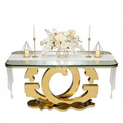 China Luxury Wedding Banquet Table with Gold Stainless Steel Base and Tempered Glass Top for Restaurants & Hotels for sale
