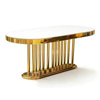 China Wedding Furniture Wholesale Gold Oval Stainless Steel Frame White Mirror Glass Top Long Table Dining Hotel Table for Wedding for sale
