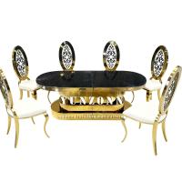 China Party Furniture Golden Stainless Steel Glass Mirror Top Dining Table for Wedding for sale
