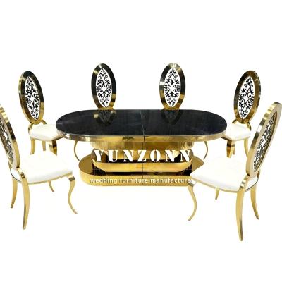 China Party Furniture Golden Stainless Steel Glass Mirror Top Dining Table for Wedding for sale