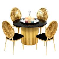 China Wedding Furniture Gold Stainless Steel Frame Tempered Mirror Glass Top Dining Table for sale