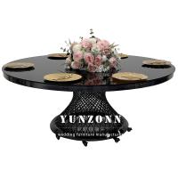China Hotel Banquet Glass Top Black Dining Table Stainless Steel Round Metal Movable Wedding Table for sale