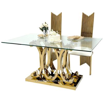 China Modern Luxury Gold Legs Rectangular Dining Decor Glass Tables Set Stainless Steel Tables for Events Wedding Banquet Decorations for sale