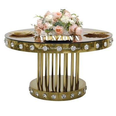 China Golden Round Wedding Crystal Table with Stainless Steel Metal Base for Restaurants Banquets and Events for sale