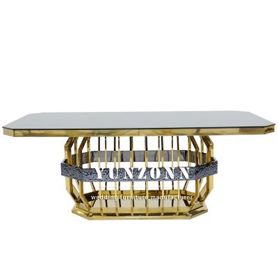 China Modern Gold Stainless Steel Wedding Banquet Dining Table Rectangle Glass Hotel Furniture for Wedding Tables and Rentals for sale