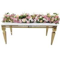 China Romantic Rectangle Mirror Glass Wedding Dining Table Gold Stainless Steel Banquet Hotel Wedding Table for 8 Person for sale