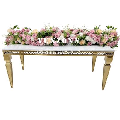 China Romantic Rectangle Mirror Glass Wedding Dining Table Gold Stainless Steel Banquet Hotel Wedding Table for 8 Person for sale