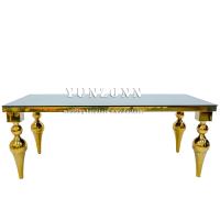 China Foshan Factory Cheap Price Hotel Dining Furniture Gold Stainless Steel Mirror Glass Table Top Wedding Table for sale