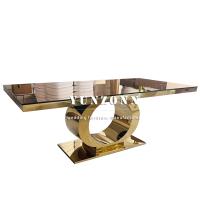 China Best Selling Luxury Round Base Wedding Table Gold Stainless Steel and Mirror Glass Top Modern Design Hotel Furniture for sale