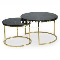 China Minimalist Home Furniture Metal Nesting Tables with Black Glass/Marble Tops Round Sofa Table Tempered Glass Coffee Table for sale