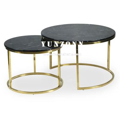 China Minimalist Home Furniture Metal Nesting Tables with Black Glass/Marble Tops Round Sofa Table Tempered Glass Coffee Table for sale