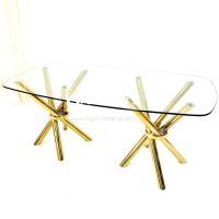 China Lightweight and Stable Cheap Golden Stainless Steel Cross-leg clear Glass Event Wedding Banquet Table for sale