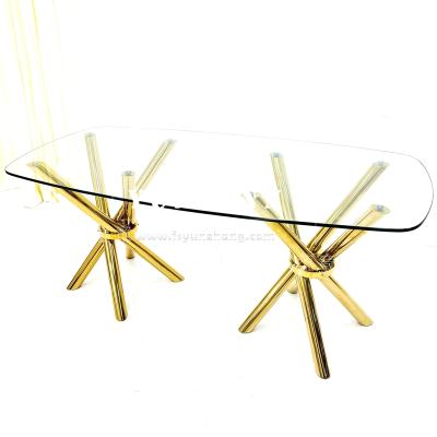 China Lightweight and Stable Cheap Golden Stainless Steel Cross-leg clear Glass Event Wedding Banquet Table for sale