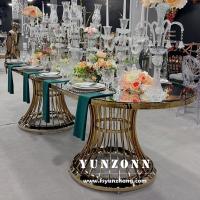 China Luxury Gold Stainless Steel Wedding Table Glass Dining Table for Hotel Use Elegant Event Furniture for sale