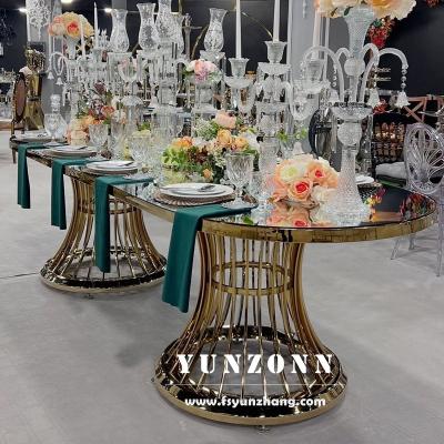 China Luxury Gold Stainless Steel Wedding Table Glass Dining Table for Hotel Use Elegant Event Furniture for sale