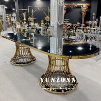 China Factory Direct Wedding Decoration Table 8FT Long Wedding Banquet Oval Gold Stainless Steel Table Glass Table for sale