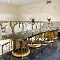 China Luxury Stainless Steel Gold Metal Base Hotel Furniture Glass Top Wedding Serpentine/Round Table for sale