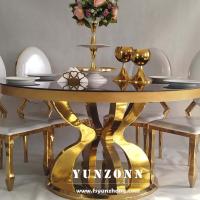 China Custom Contemporary Stainless Steel Pedestal Design Gold Hotel Royal Restaurant Luxury Round Glass Dining Tables for sale