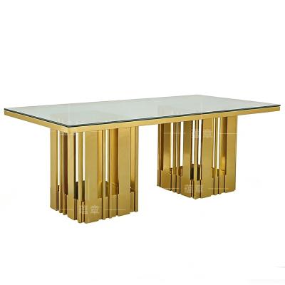 China Modern Gold Box Base Baroque Wedding Dining Table Sets Stainless Steel Restaurant Furniture for Hotels for sale