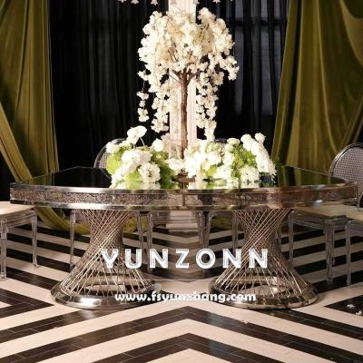 China Nest Base Double Pedestal Dining Table with Mirror Glass Top Gold Centerpieces for Weddings and Hotels for sale