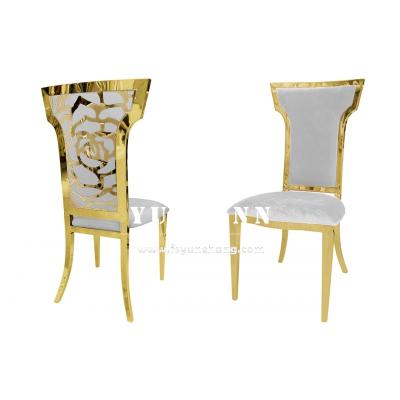 China Flower Pattern Back Wedding Furniture Gold Metal Banquet Dining Chair Modern Luxury for sale
