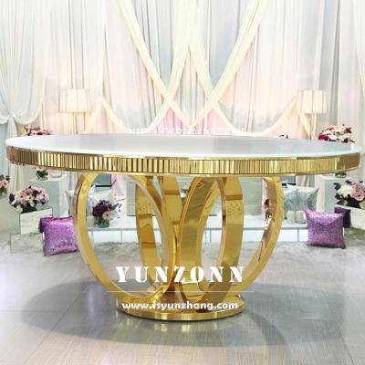 China White MDF Top Round Golden Stainless Steel Metal Base Wedding Dining Table for Event Banquets Hotel Furniture for sale