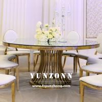 China Luxury Round Dining Table with Gold Stainless Steel Base and Glass Top for Wedding and Event Banquets Hotel Furniture for sale