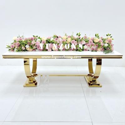 China Luxury Party Events Decorations Gold Legs Table Modern Glass Rectangular Stainless Steel Wedding Banquet Tables for sale