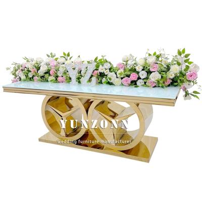 China Modern Gold Rectangular Dining Table with Benz Base Luxury Wedding Event Furniture for Outdoor and Hotel Use Glass/MDF Top for sale