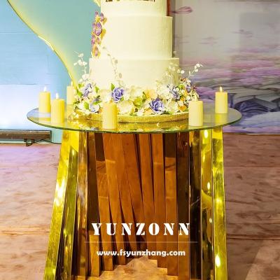 China White Glass Wedding Display Cake Table with Round Gold Nest Base Stainless Steel for Hotel Furniture for sale