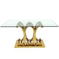 China Special Golden Stainless Steel Luxury Glass Dining Table Sets for Bride and Groom for Wedding Events and Hotel Use for sale