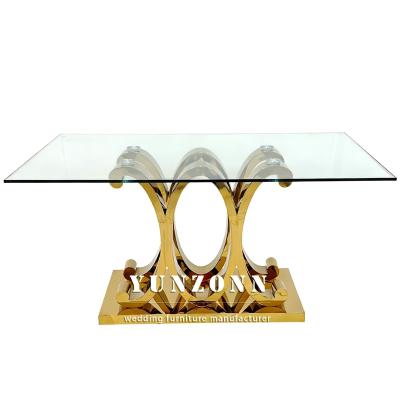China Special Golden Stainless Steel Luxury Glass Dining Table Sets for Bride and Groom for Wedding Events and Hotel Use for sale
