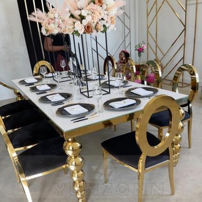China Modern Heavy-Duty Metal Legs Banquet Table with Gold Stainless Steel & MDF Top for Hotel Wedding Dining Outdoor Living Room Use for sale