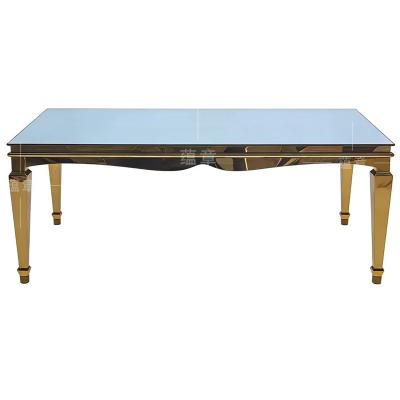 China Modern Gold Stainless Steel Rectangle Mia Banquet Dining Table with Tempered Glass Top Durable for Hotel Events for sale