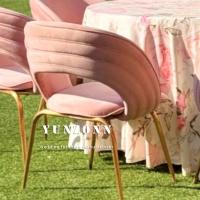 China New Designed Modern Style Upholstered Pink Velvet Gold Metal Arm Chair Wedding Chair for sale