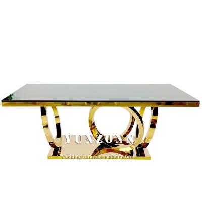 China Modern Luxury Gold Legs Rectangular Dining Decor Glass Tables Set Stainless Steel Tables for Events Wedding Banquet Decorations for sale