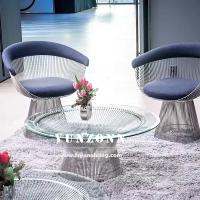 China Luxury Mid-Century Modern Accent Round Platner Coffee Table Tempered Glass Top with Metal Wire Base for sale