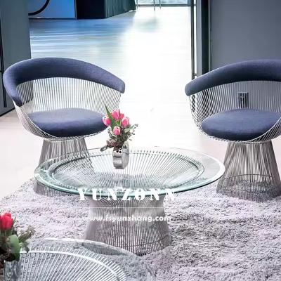 China Luxury Mid-Century Modern Accent Round Platner Coffee Table Tempered Glass Top with Metal Wire Base for sale