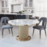 China Modern Gold Stainless Steel Dining Table with Circular Pedestal Marble Home Villa Hotel Wedding Stylish Contemporary Furniture for sale