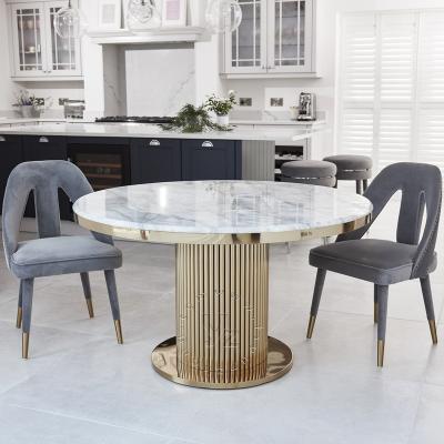 China Modern Gold Stainless Steel Dining Table with Circular Pedestal Marble Home Villa Hotel Wedding Stylish Contemporary Furniture for sale