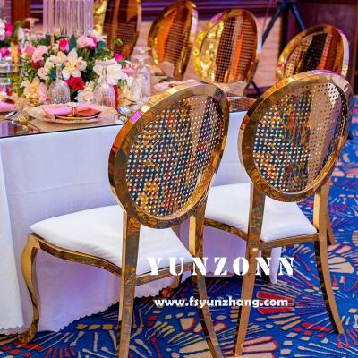 China Luxury Modern Stackable Diamond Chairs Event Party Round Back Chair Stainless Steel Gold Wedding Chair for Rental for sale