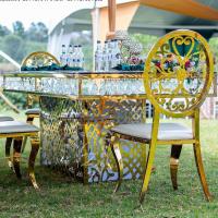 China Luxury Hotel Stainless Steel Crystal Pendant Golden Glass Wedding and Event Dining Table for Banquets Restaurants and Parties for sale