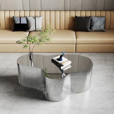 China YunZonn Luxury Modern Stainless Steel Coffee Table High Quality Silvery Mirror Finish Unique Shape Home Hotel Living Room Bar for sale