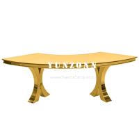 China Modern Gold Cross X Legs Serpentine S-Shape Glass and Metal Wedding Dining Banquet Table for Outdoor Hotels Events Parties for sale