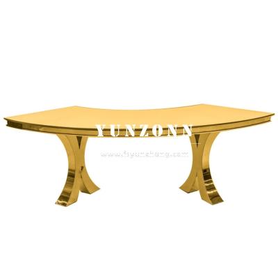 China Modern Gold Cross X Legs Serpentine S-Shape Glass and Metal Wedding Dining Banquet Table for Outdoor Hotels Events Parties for sale