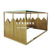 China New Design Foshan Hotel Wedding Furniture Gold Stainless Steel Bride and Groom Square Dining Table for sale