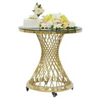China Luxury Gold Stainless Steel Mirror Glass Top Wedding Decoration Cake Stand Table for sale