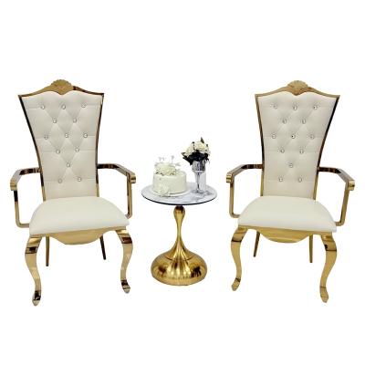 China Manufactured White High Back Golden Rental Stainless Steel Hotel Banquet Event Wedding Couple Arm Chairs for sale