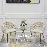 China Wholesale Modern Style Gold Metal Legs Hotel Armchair Upholstered Beige Velvet Fabric Pompom Dining Chair for sale