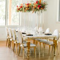 China Modern Gold Stainless Steel Mirrored Glass Top Dining Table for Hotels Weddings Parties Outdoor Events for Banquets for sale